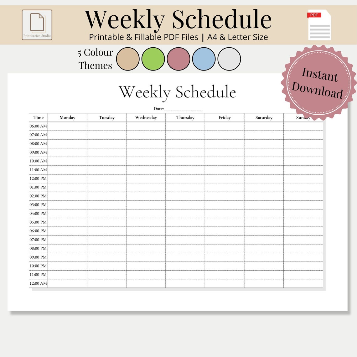 Hourly Weekly Schedule Printable & Fillable, Hourly Weekly Planner ...