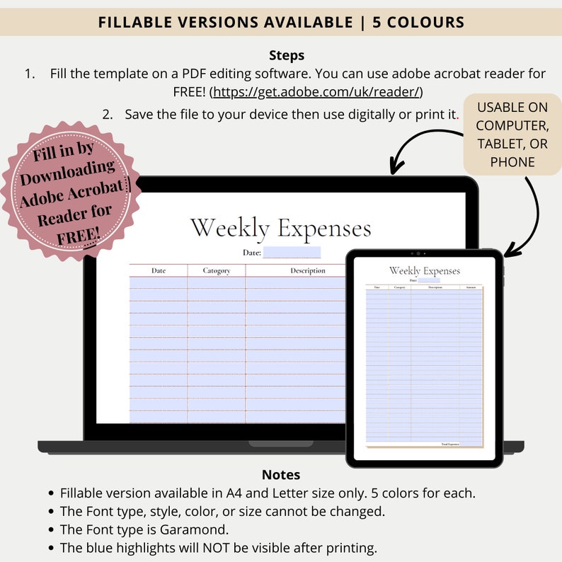Weekly Expense Tracker Printable & Fillable Expense Sheet - Etsy