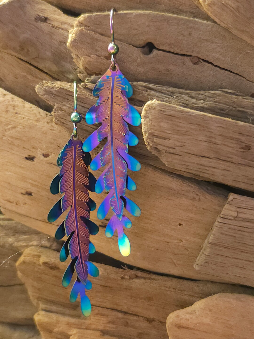 Feather and Willow Leaf Filigree Layered Rainbow Chrome Drop Dangle ...