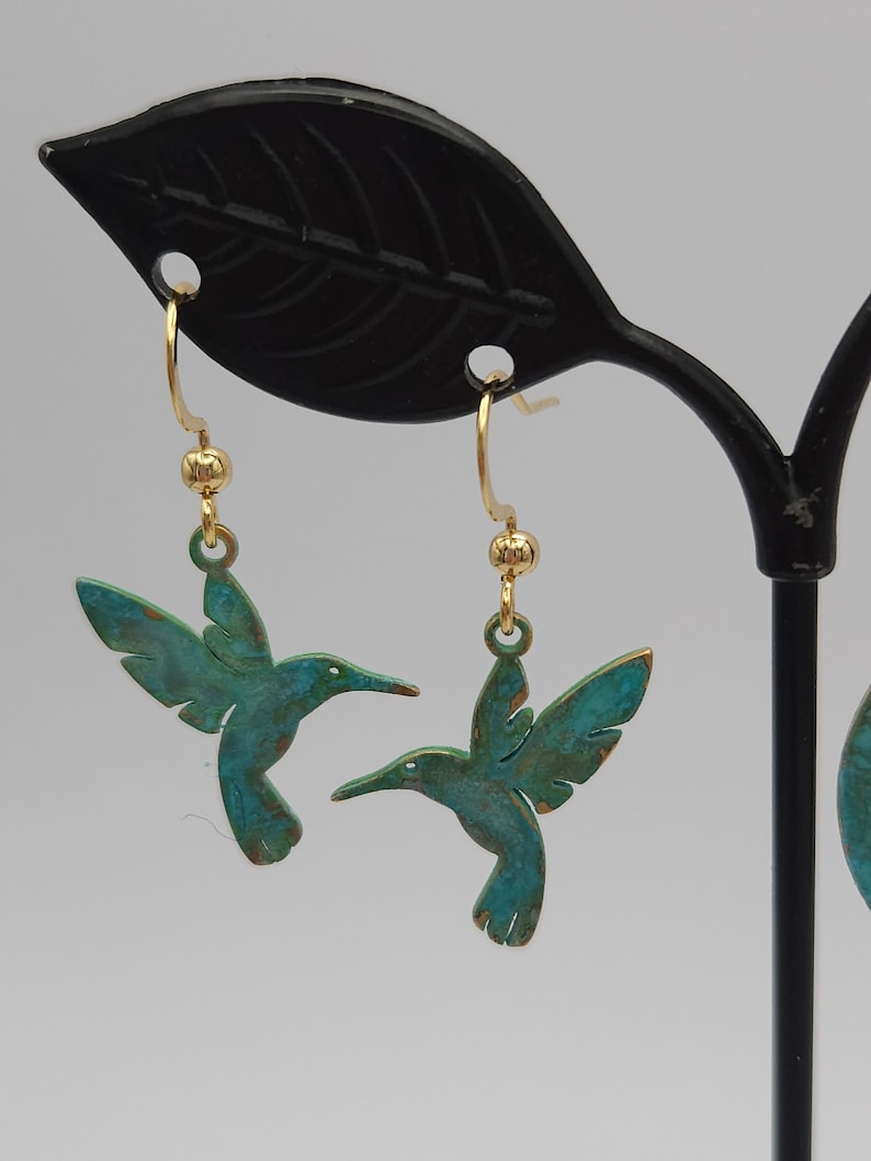 Hummingbird Earrings, Raw Brass With Hand Painted Patina,18k Gold ...
