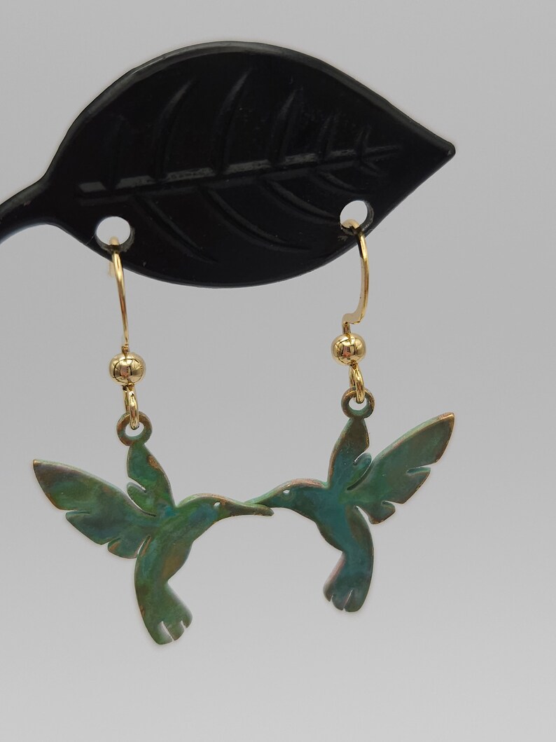 Hummingbird Earrings, Raw Brass With Hand Painted Patina,18k Gold ...