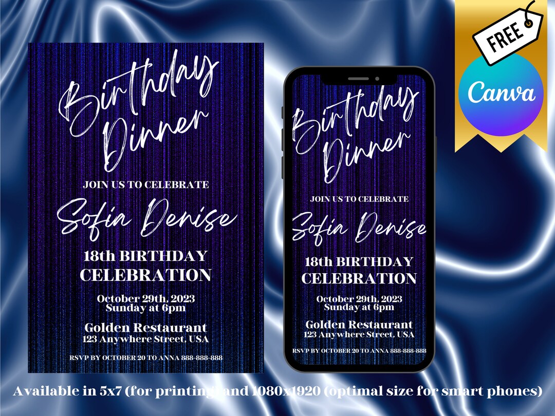 Cobalt Blue Birthday Dinner Invitation | Editable Canva Template - Etsy