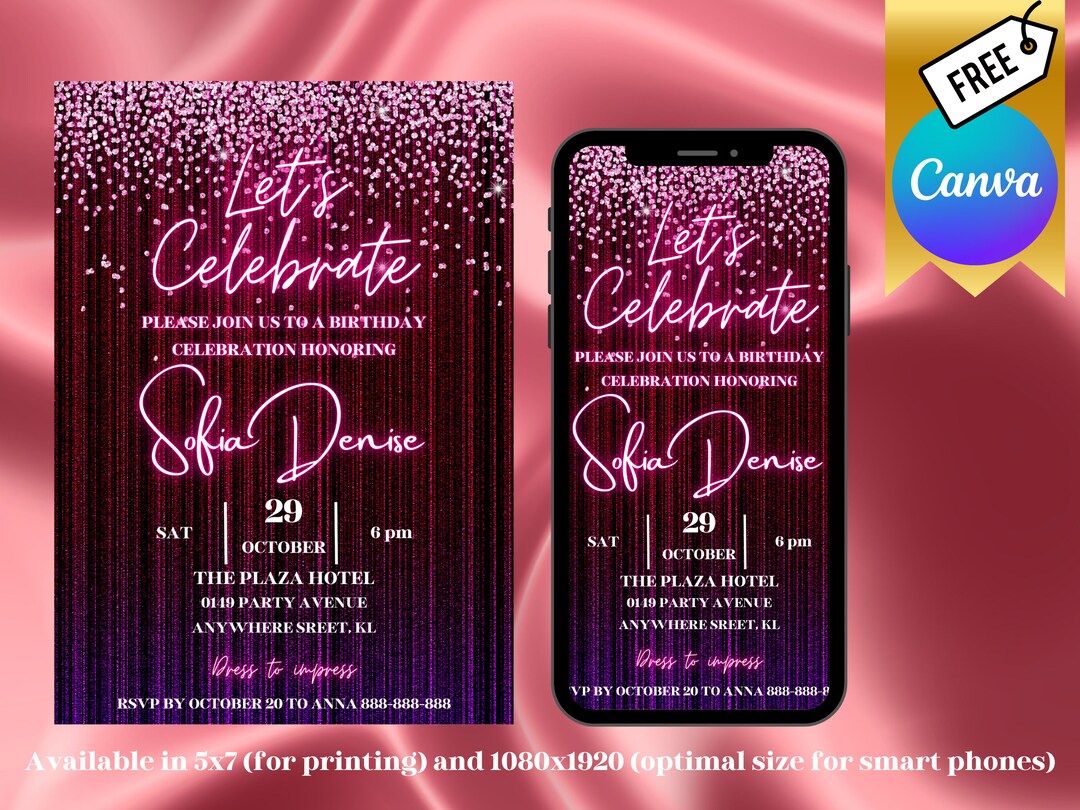Editable Elegant Pink Glitter Birthday Invitation Template | Pink ...