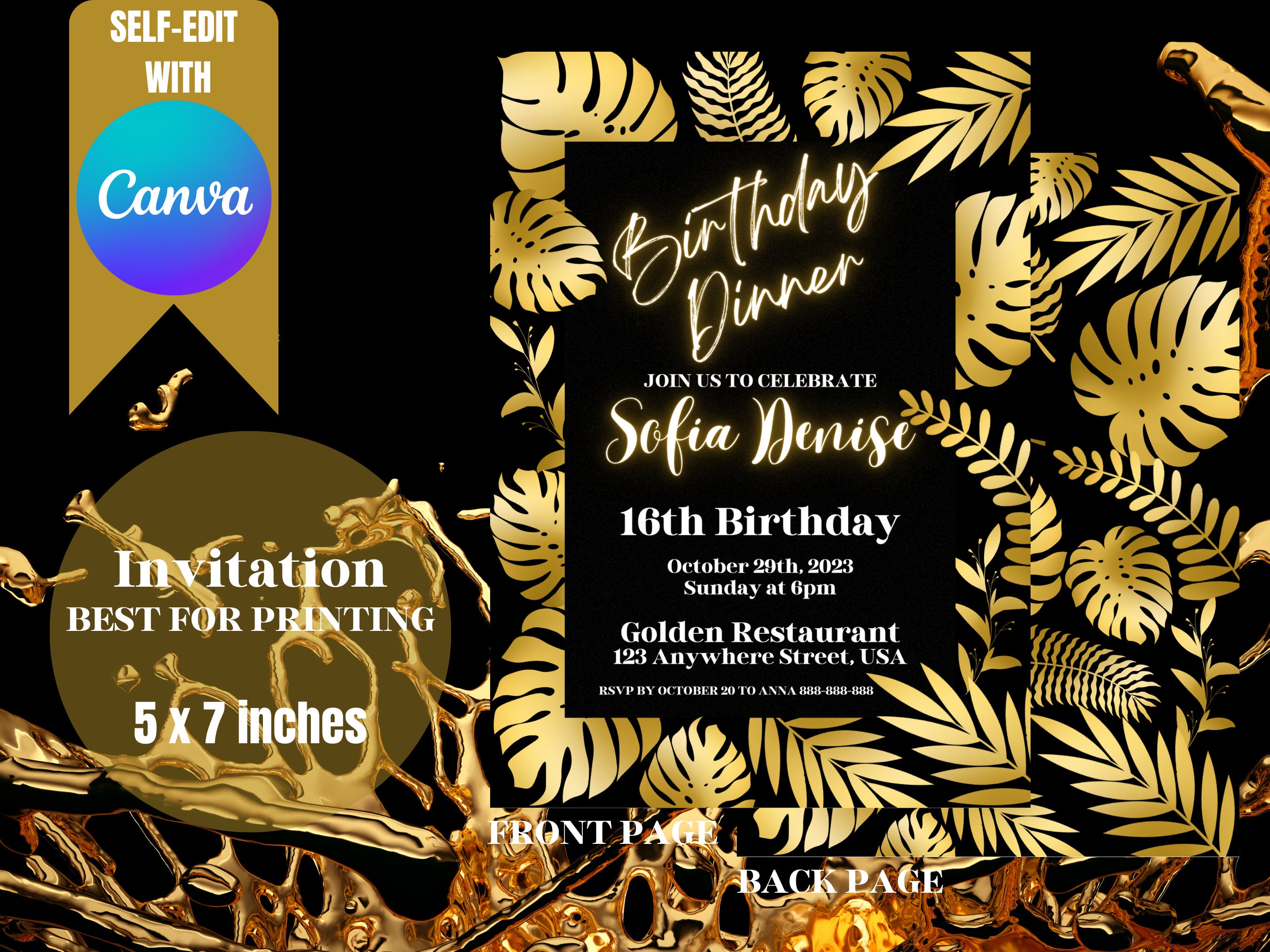Editable Gold Tropical Birthday Dinner Invitation Template | Tropical ...