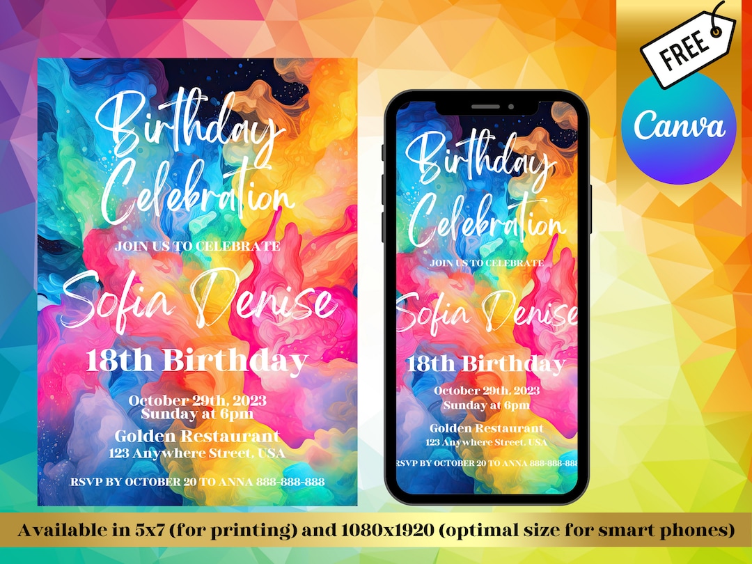 Colorful Birthday Invitation Template | Editable Rainbow Design (canva ...