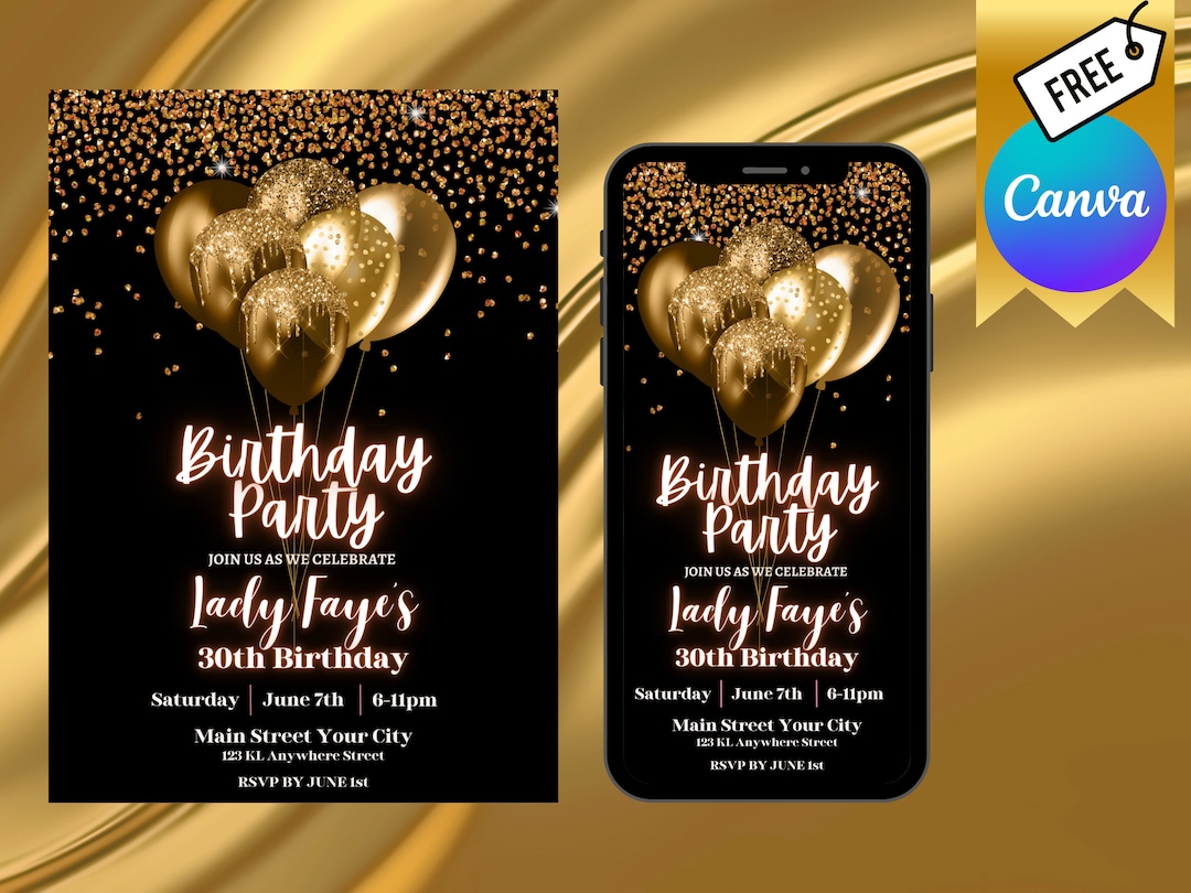 Editable Gold Glitter Birthday Invitation Template Black And Gold