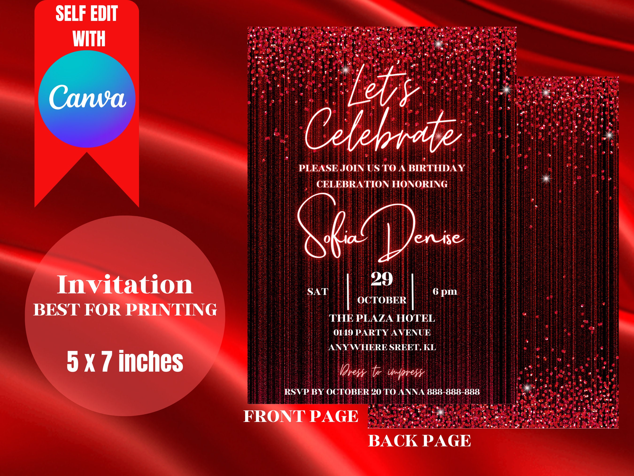 Editable Elegant Red Glitter Birthday Invitation Template | Red Glamour ...