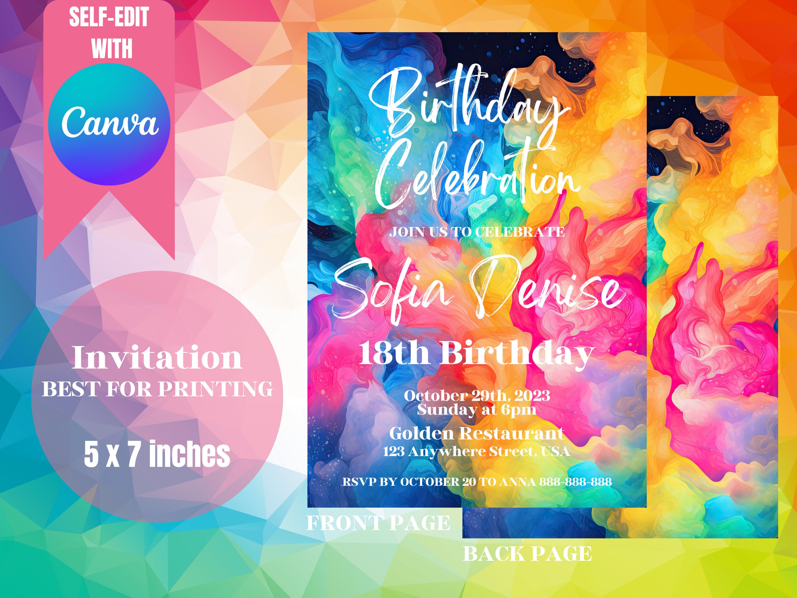Editable Elegant Colorful Birthday Invitation Template | Rainbow Ink ...