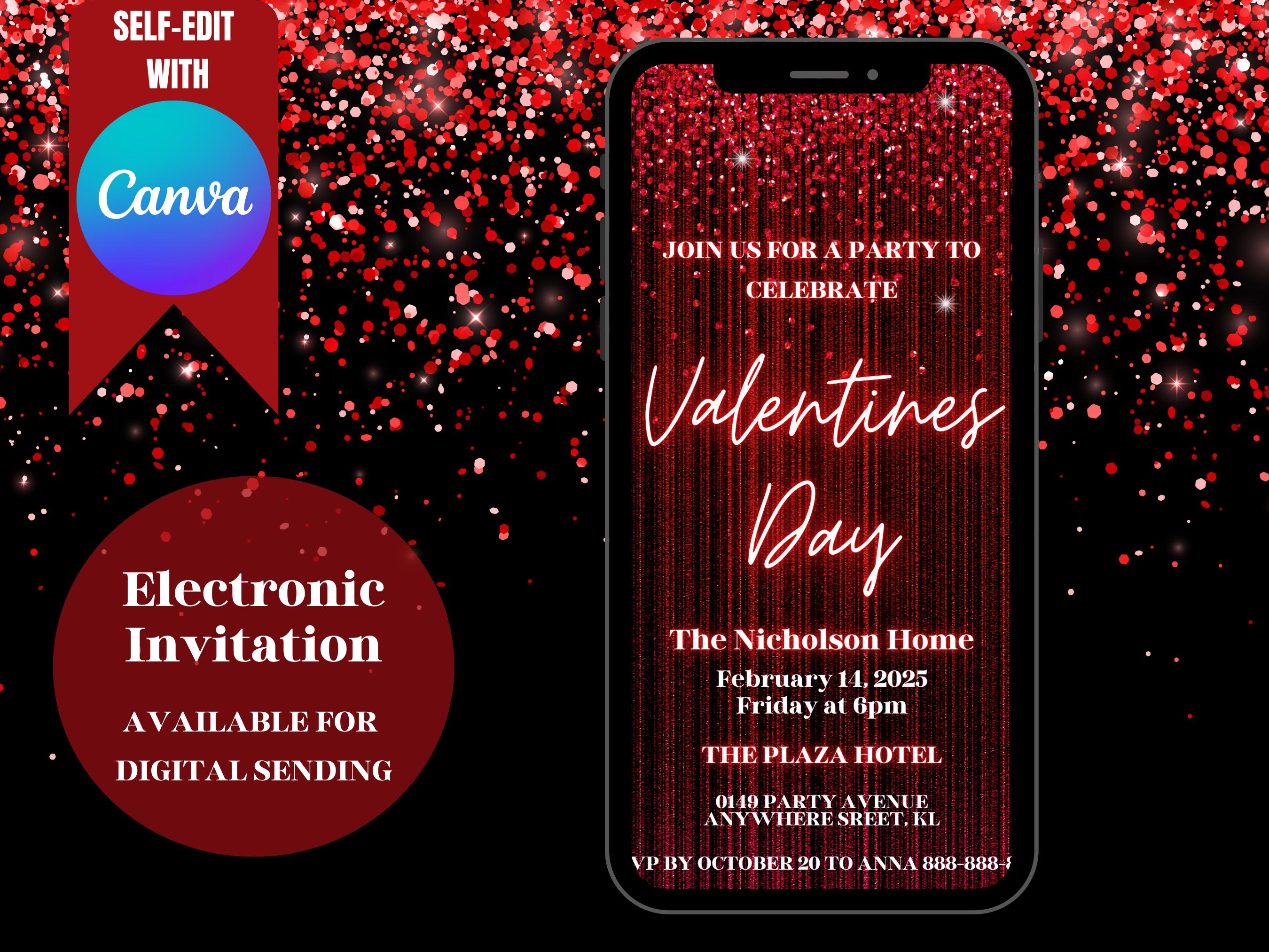 Editable Glittery Red Party Invitation Template | Valentines Party ...