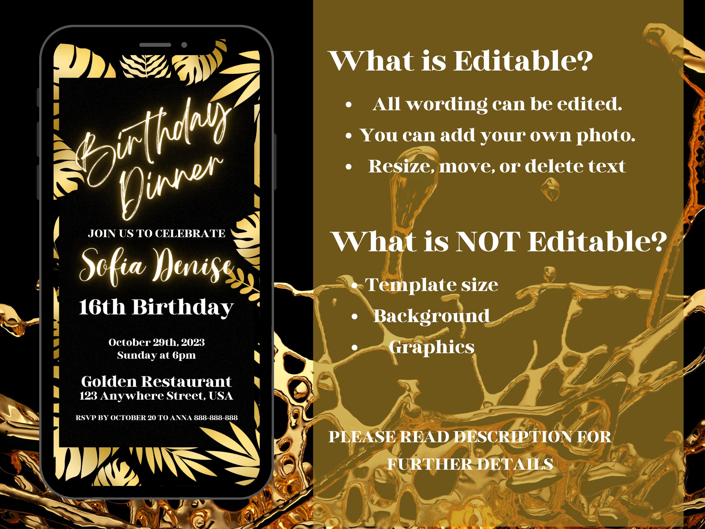 Editable Gold Tropical Birthday Dinner Invitation Template | Tropical ...