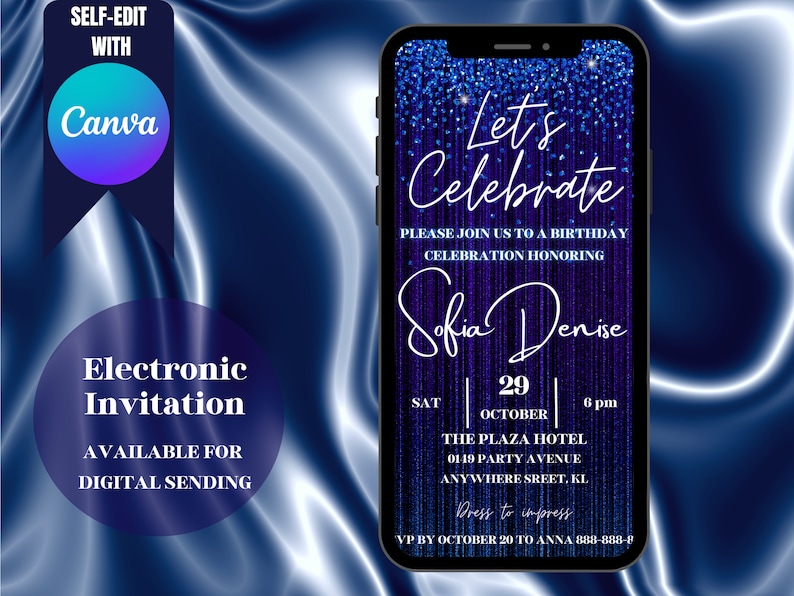 Editable Elegant Blue Glitter Birthday Invitation Template - Etsy