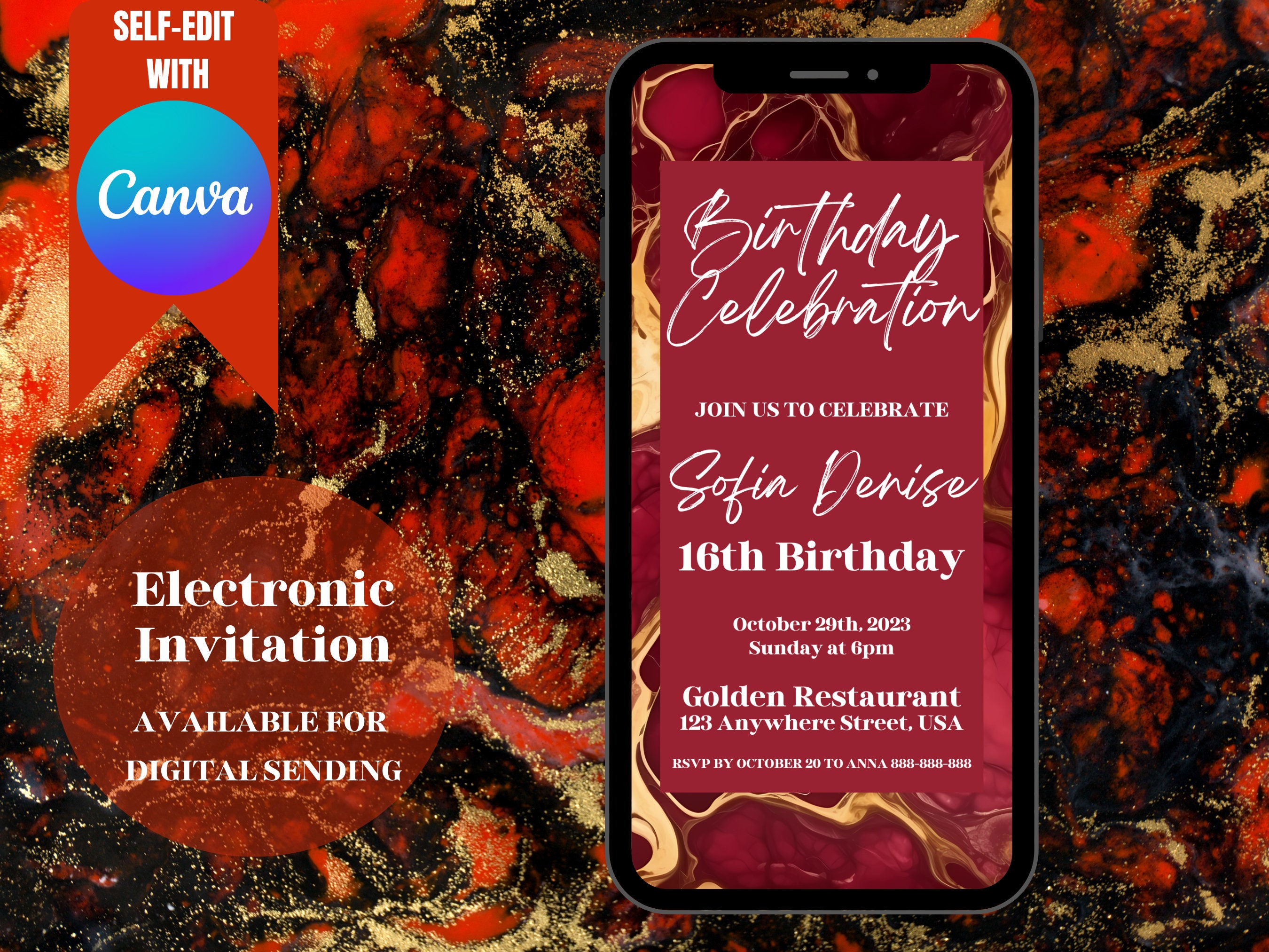 Editable Elegant Red Birthday Invitation Template | Burgundy Glamour ...