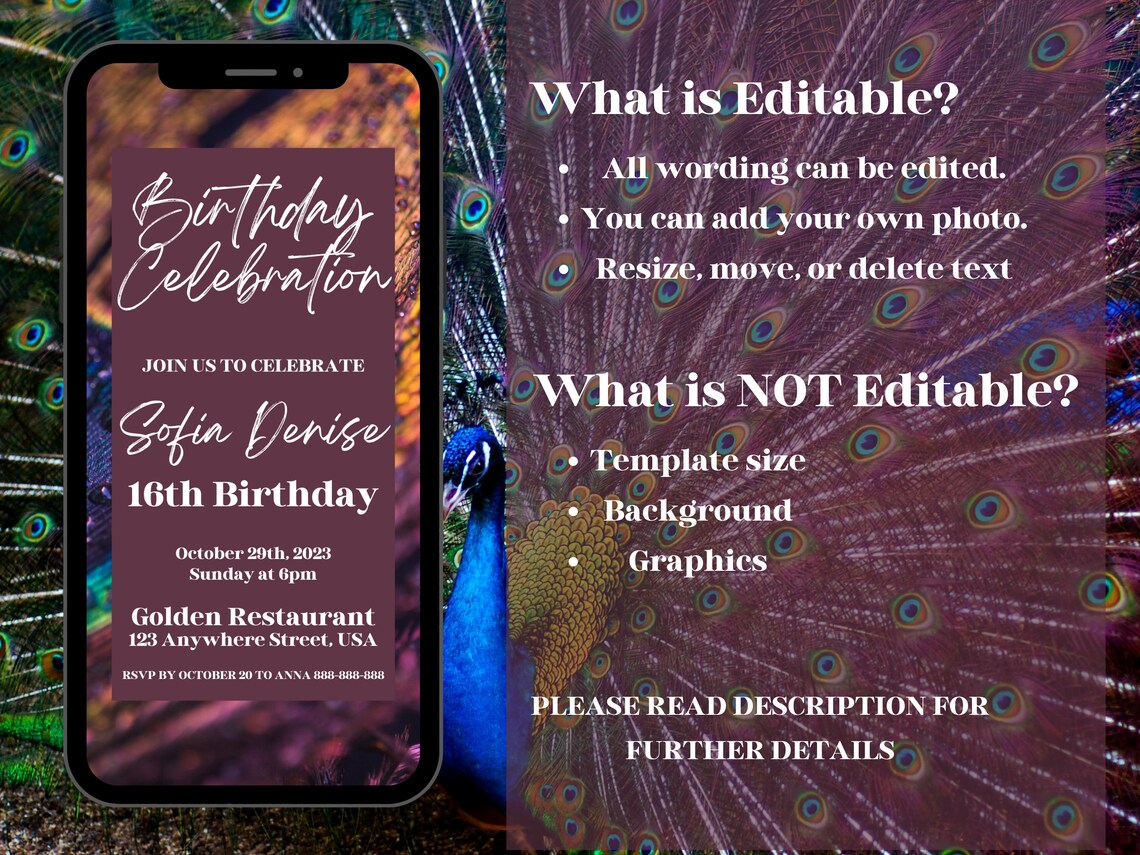 Editable Peacock Feather Birthday Invitation Template | Peacock Theme ...