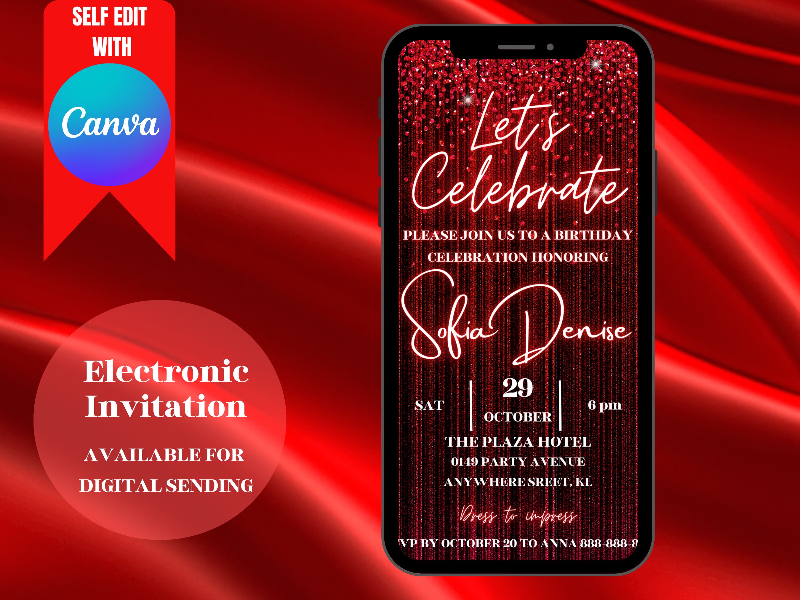 Editable Elegant Red Glitter Birthday Invitation Template | Red Glamour ...