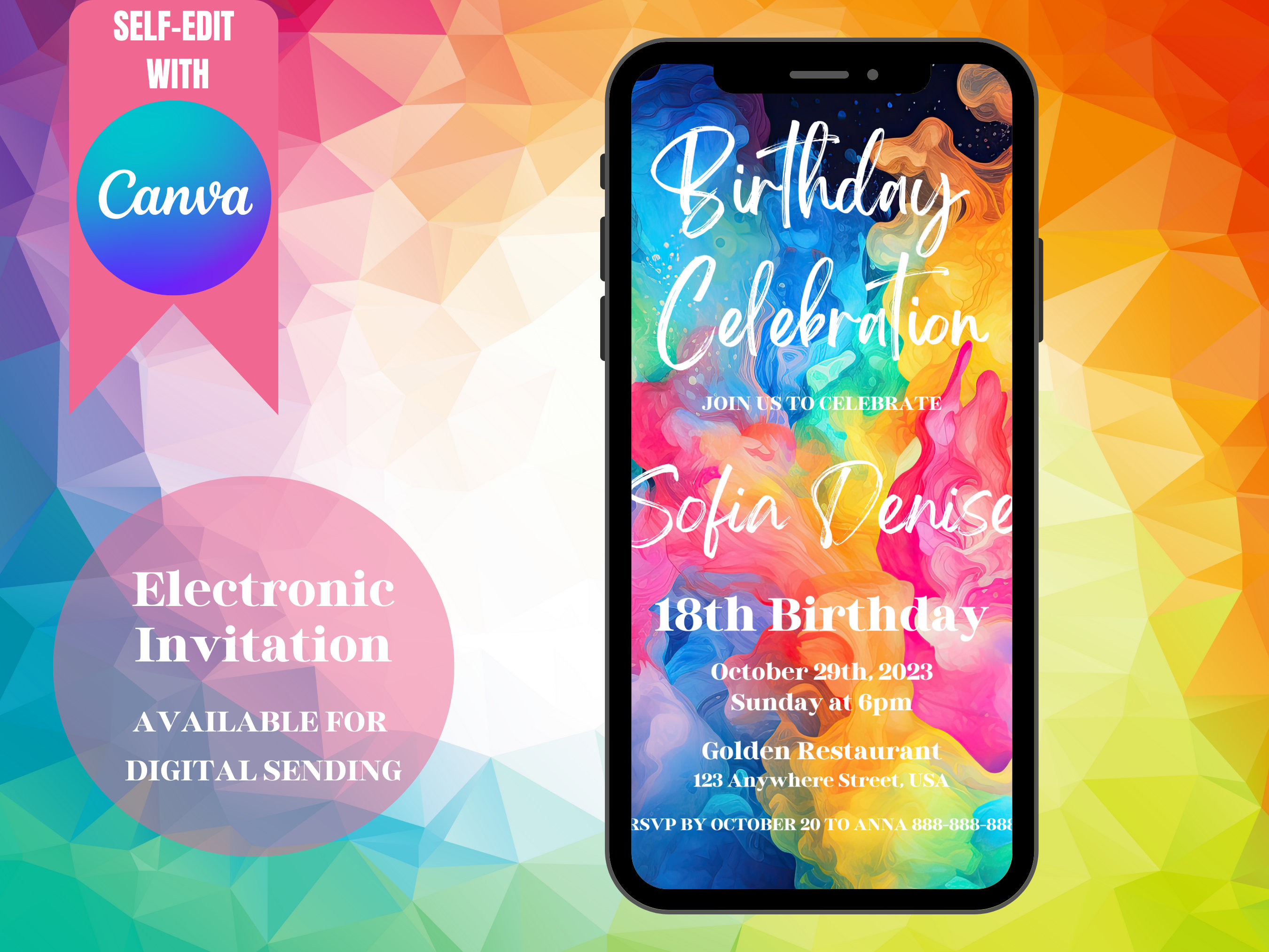 Editable Elegant Colorful Birthday Invitation Template | Rainbow Ink ...