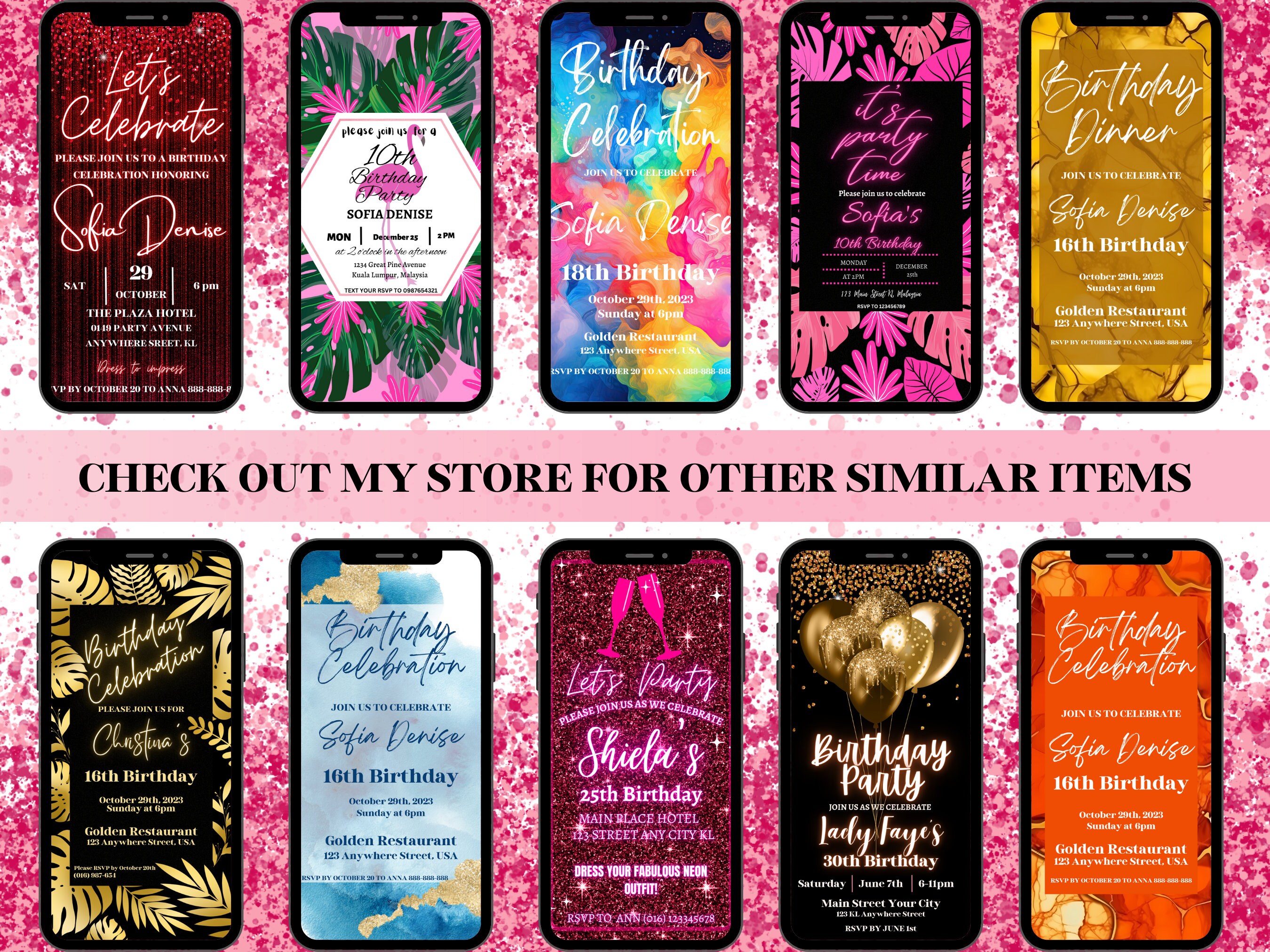 Editable Elegant Tropical Neon Birthday Invitation Template Purple Neon ...