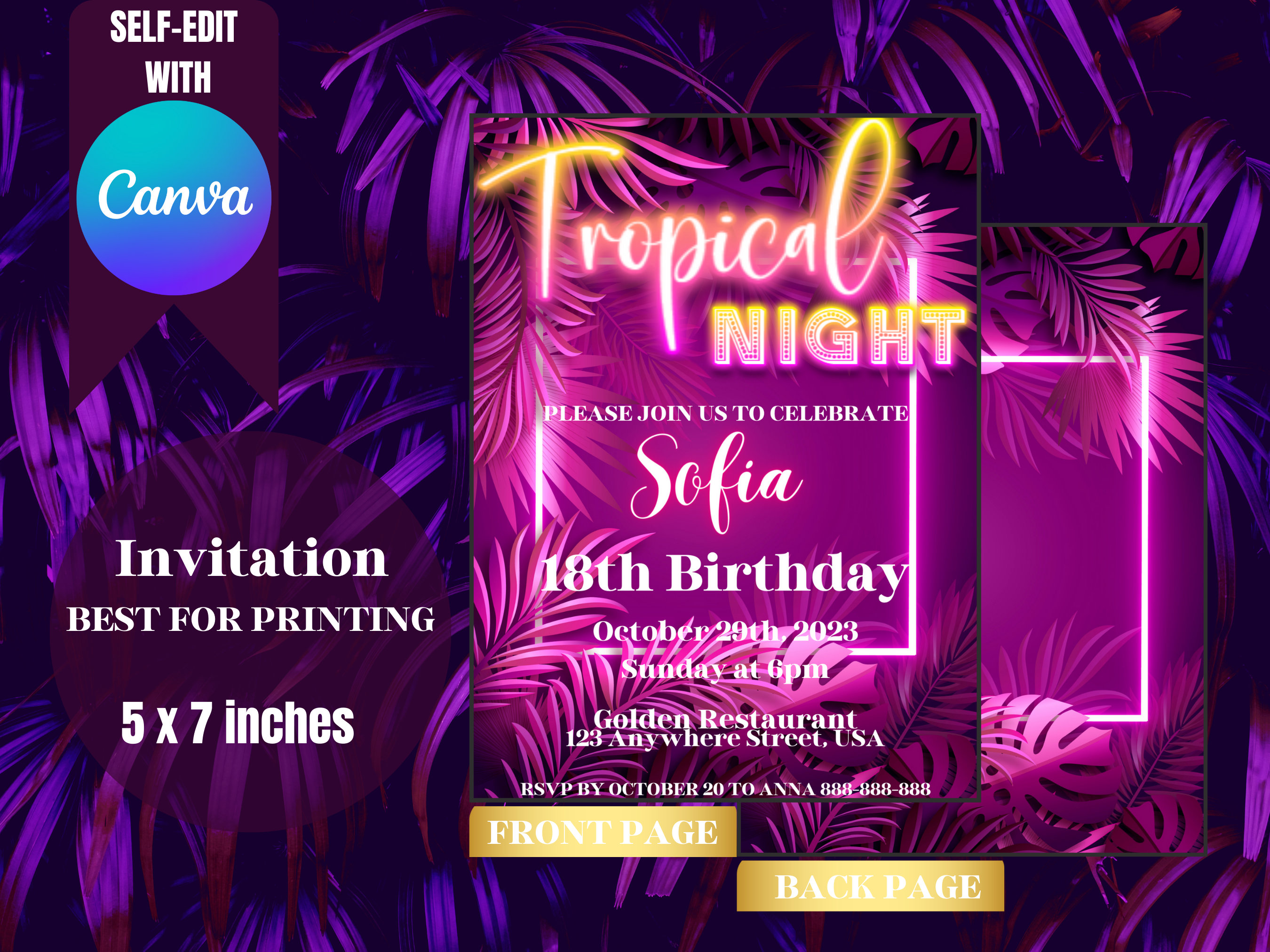 Editable Elegant Tropical Neon Birthday Invitation Template Purple Neon ...