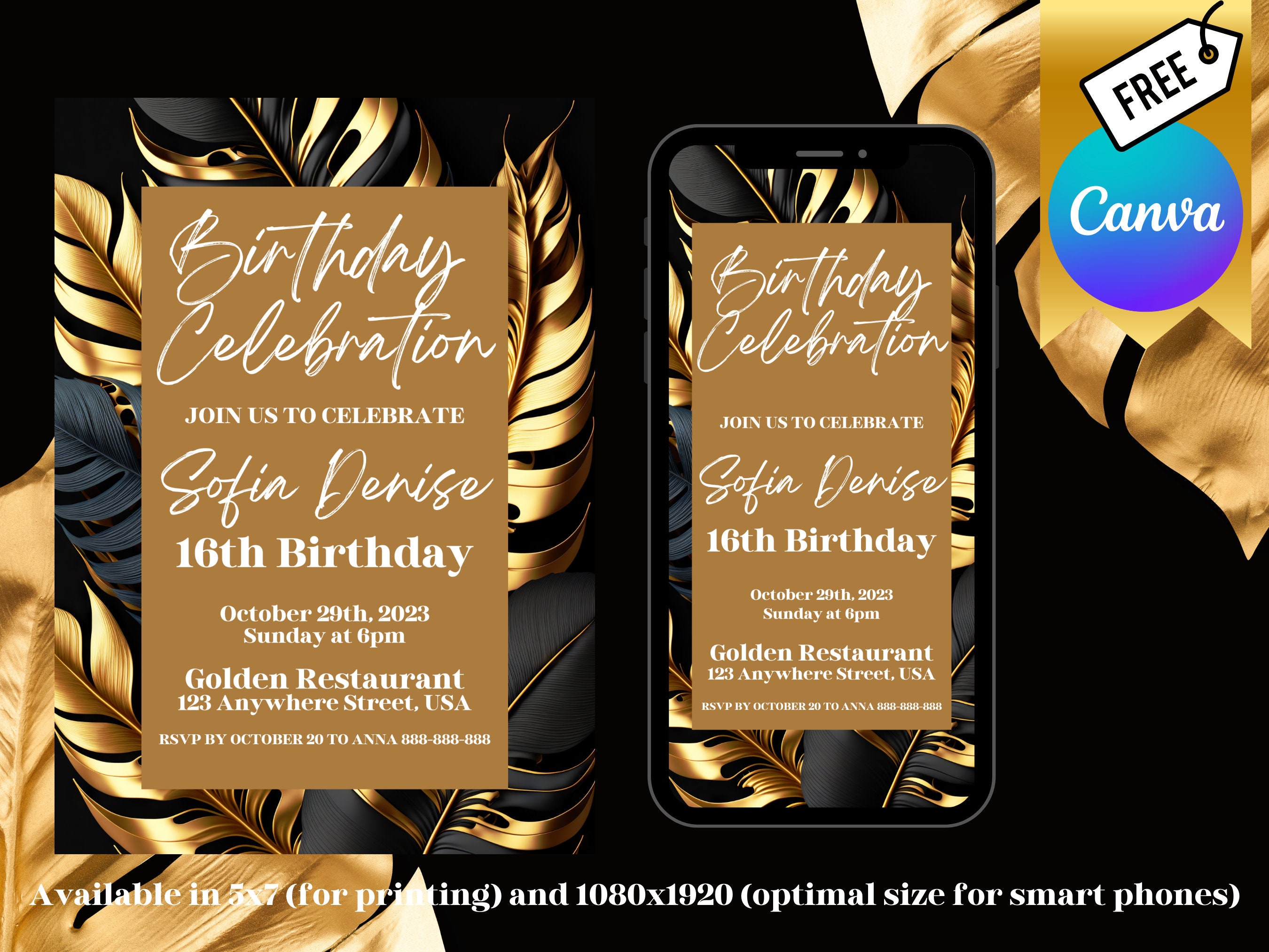 Gold and Black Birthday Invitation Template | Editable Canva Design ...