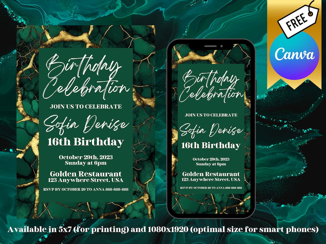 Editable Elegant Forest Green Birthday Invitation Template | Green ...