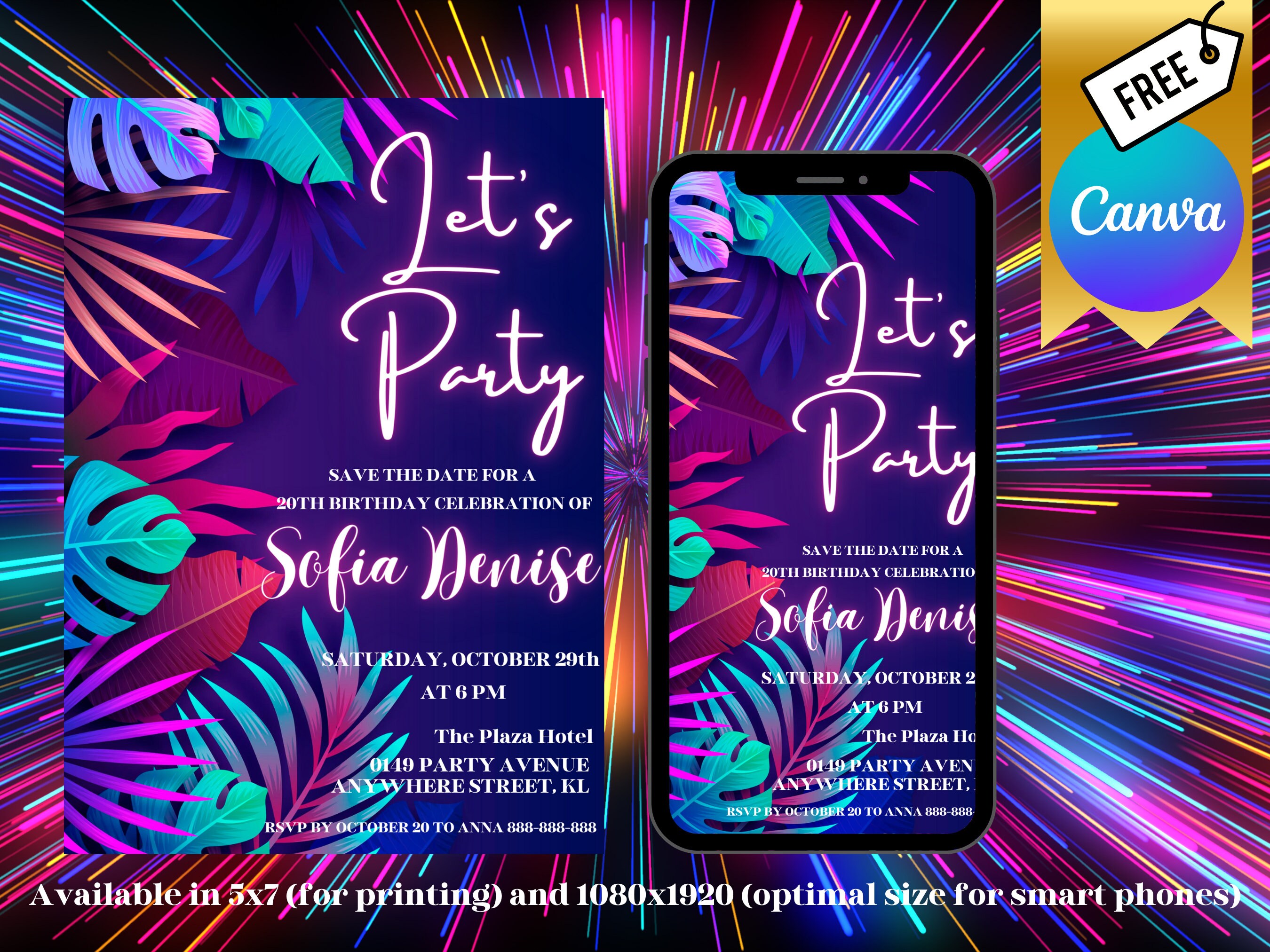 Editable Neon Tropical Birthday Invitation Template | Tropical Neon ...