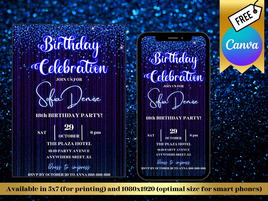 Editable Elegant Blue Glitter Birthday Invitation Template | Elegant ...