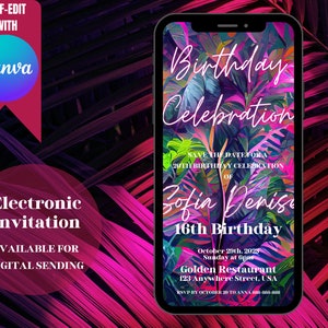 Editable Tropical Pink Birthday Invitation Template | Pink Tropical ...
