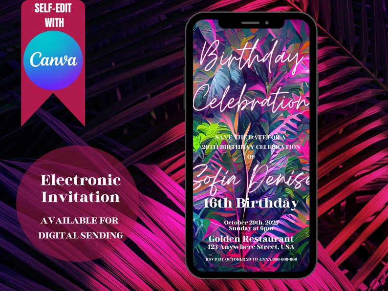 Editable Tropical Pink Birthday Invitation Template | Pink Tropical ...