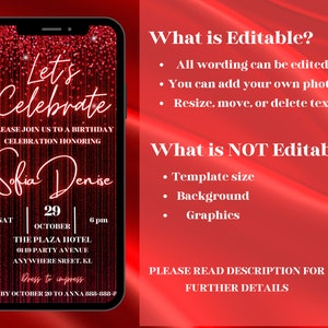 Editable Elegant Red Glitter Birthday Invitation Template | Red Glamour ...
