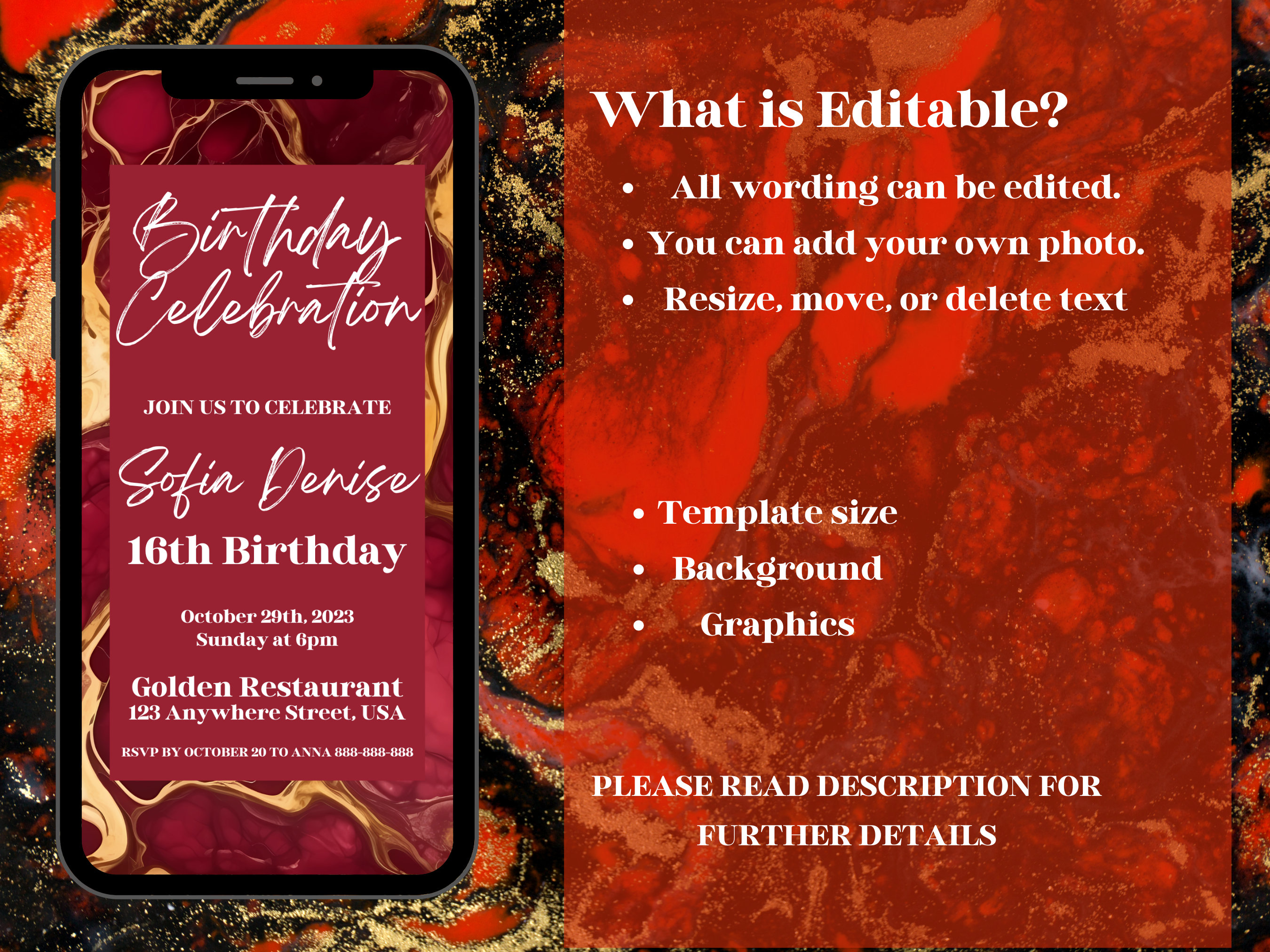 Editable Elegant Red Birthday Invitation Template | Burgundy Glamour ...