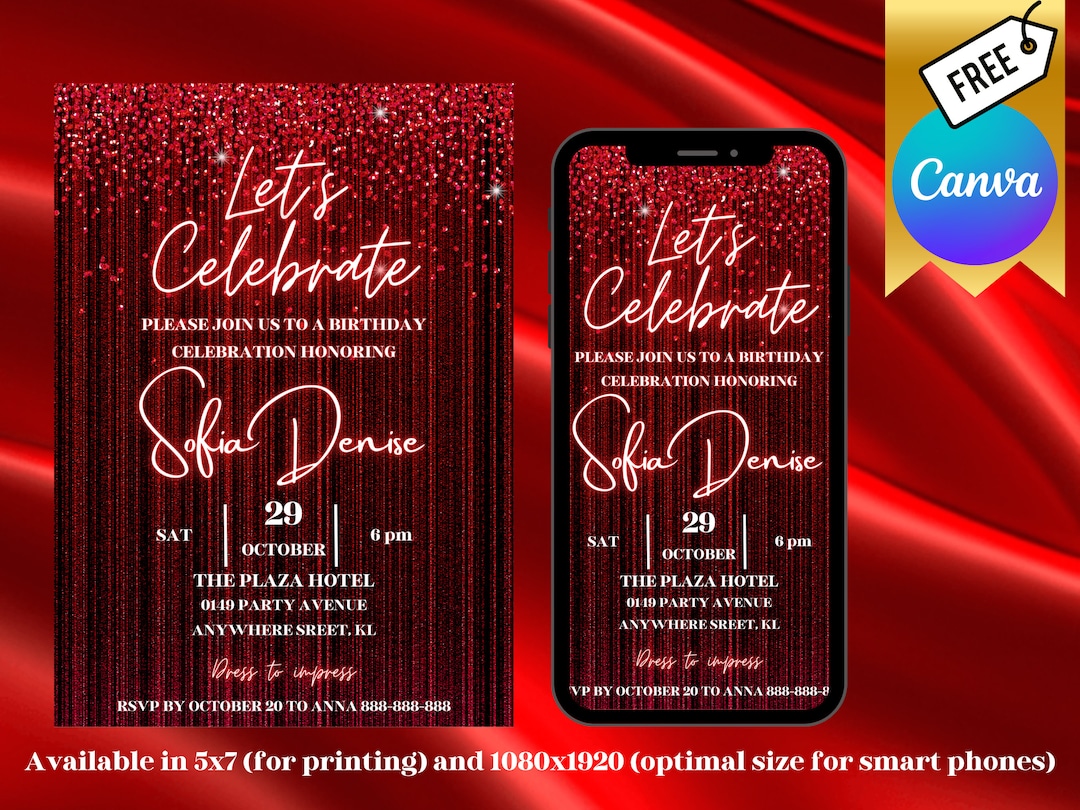 Editable Elegant Red Glitter Birthday Invitation Template | Red Glamour ...