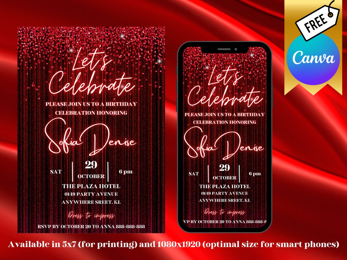 Editable Elegant Red Glitter Birthday Invitation Template | Red Glamour ...