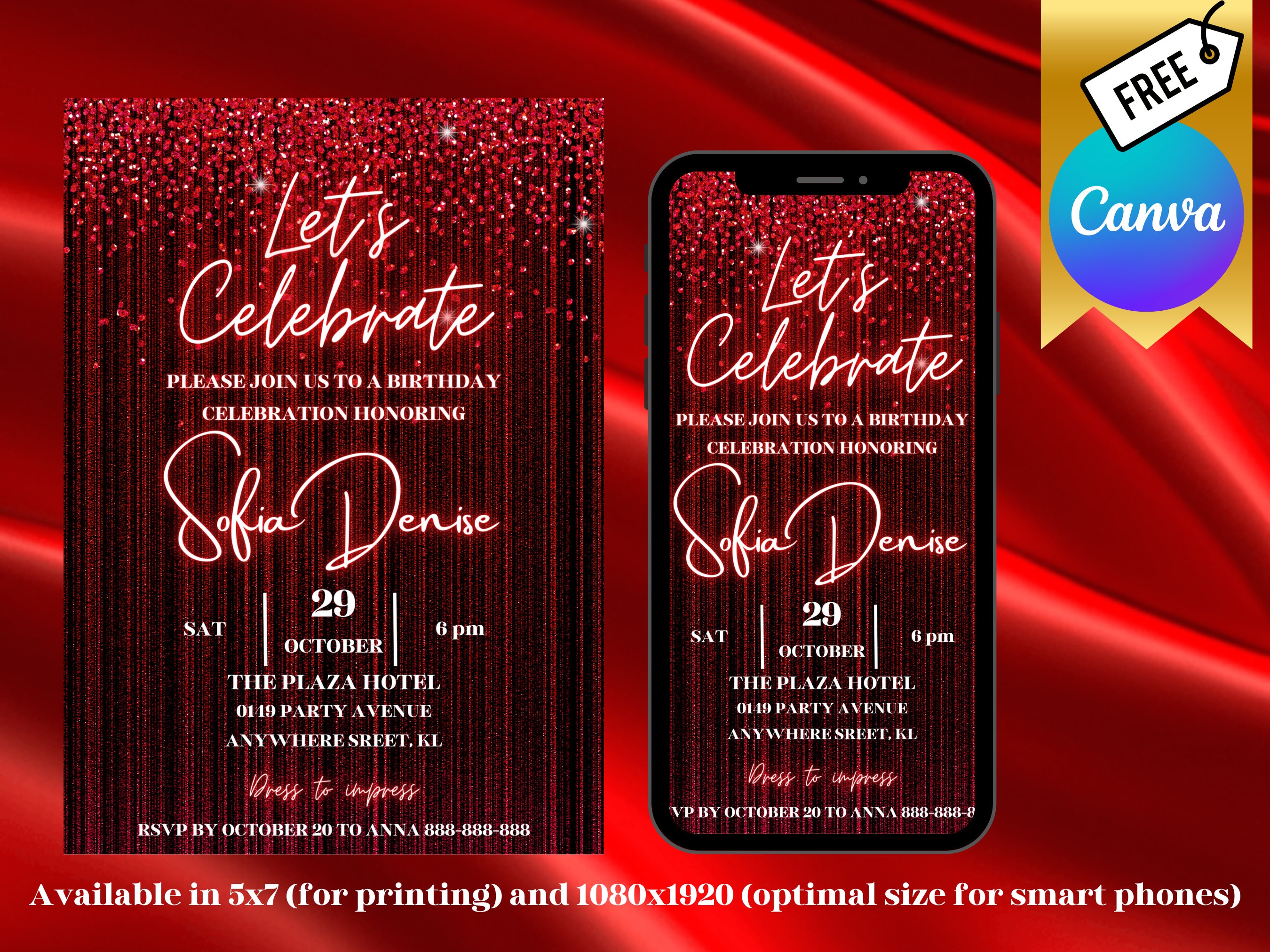 Editable Elegant Red Glitter Birthday Invitation Template | Red Glamour ...
