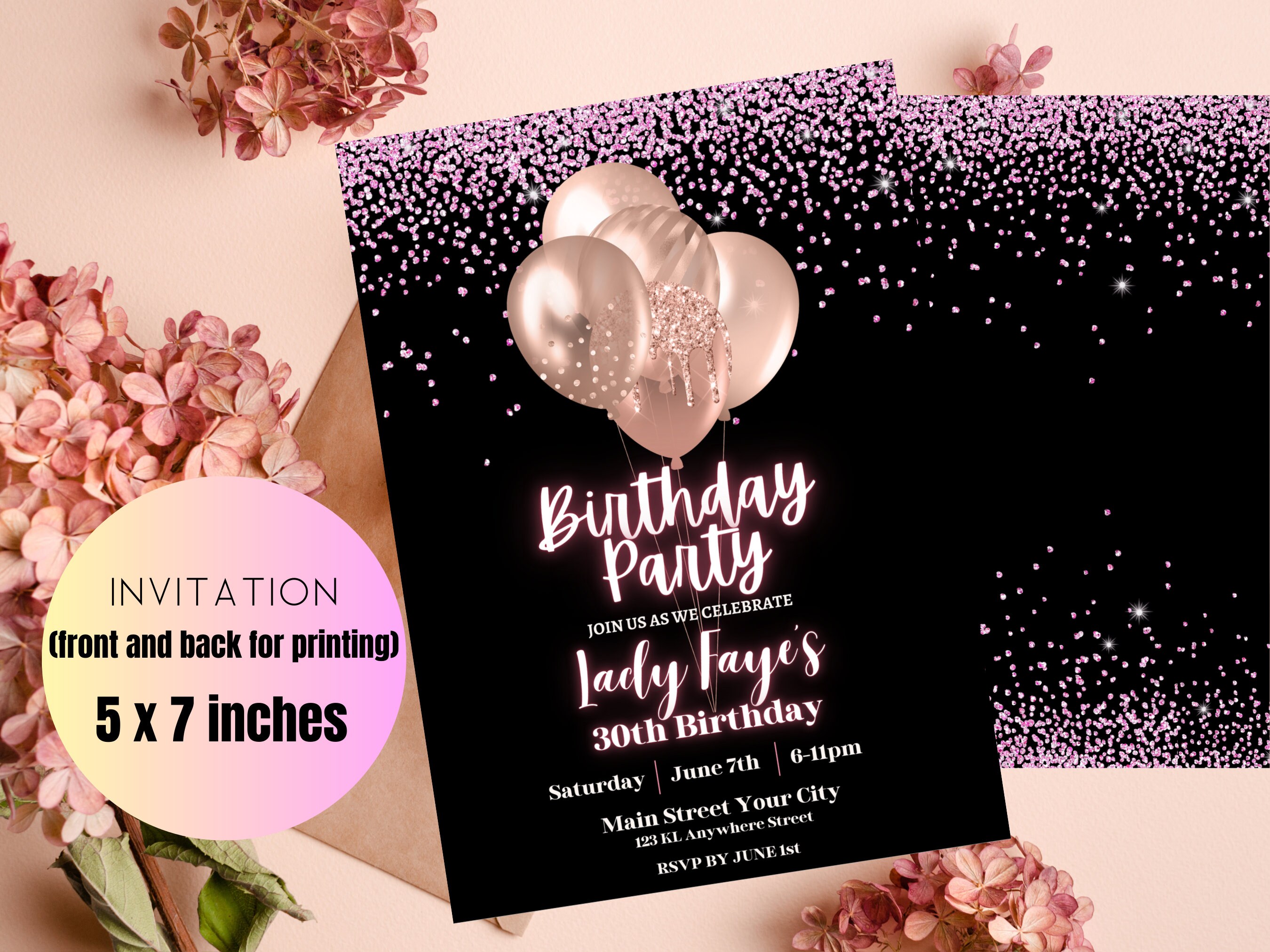 Editable Pink Glitter Birthday Invitation Template | Pink Glamour ...