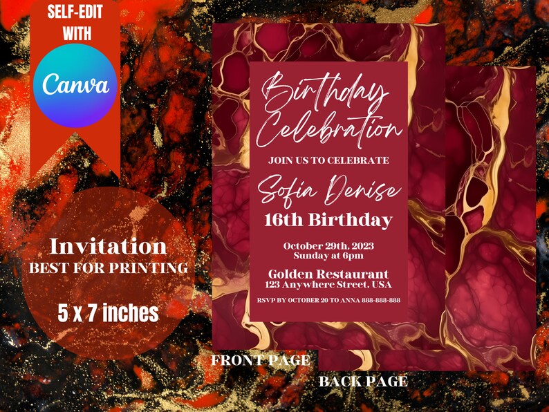 Editable Elegant Red Birthday Invitation Template | Burgundy Glamour ...