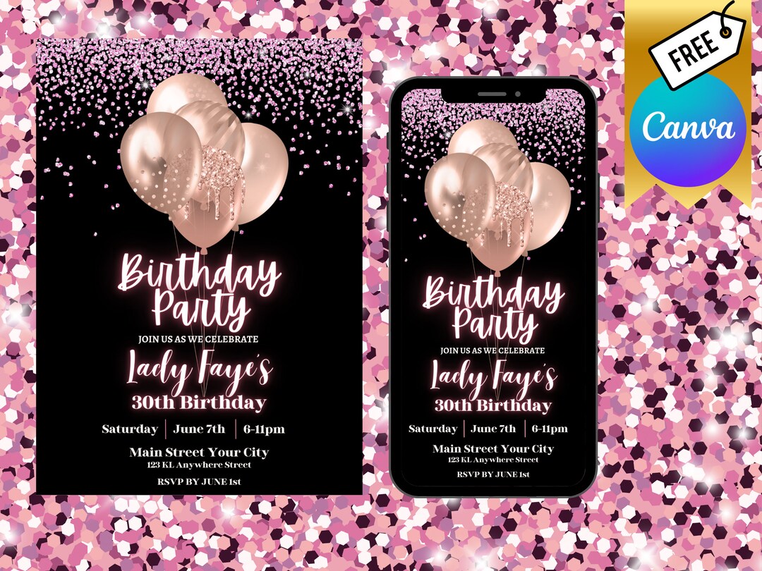 Editable Pink Glitter Birthday Invitation Template | Pink Glamour ...
