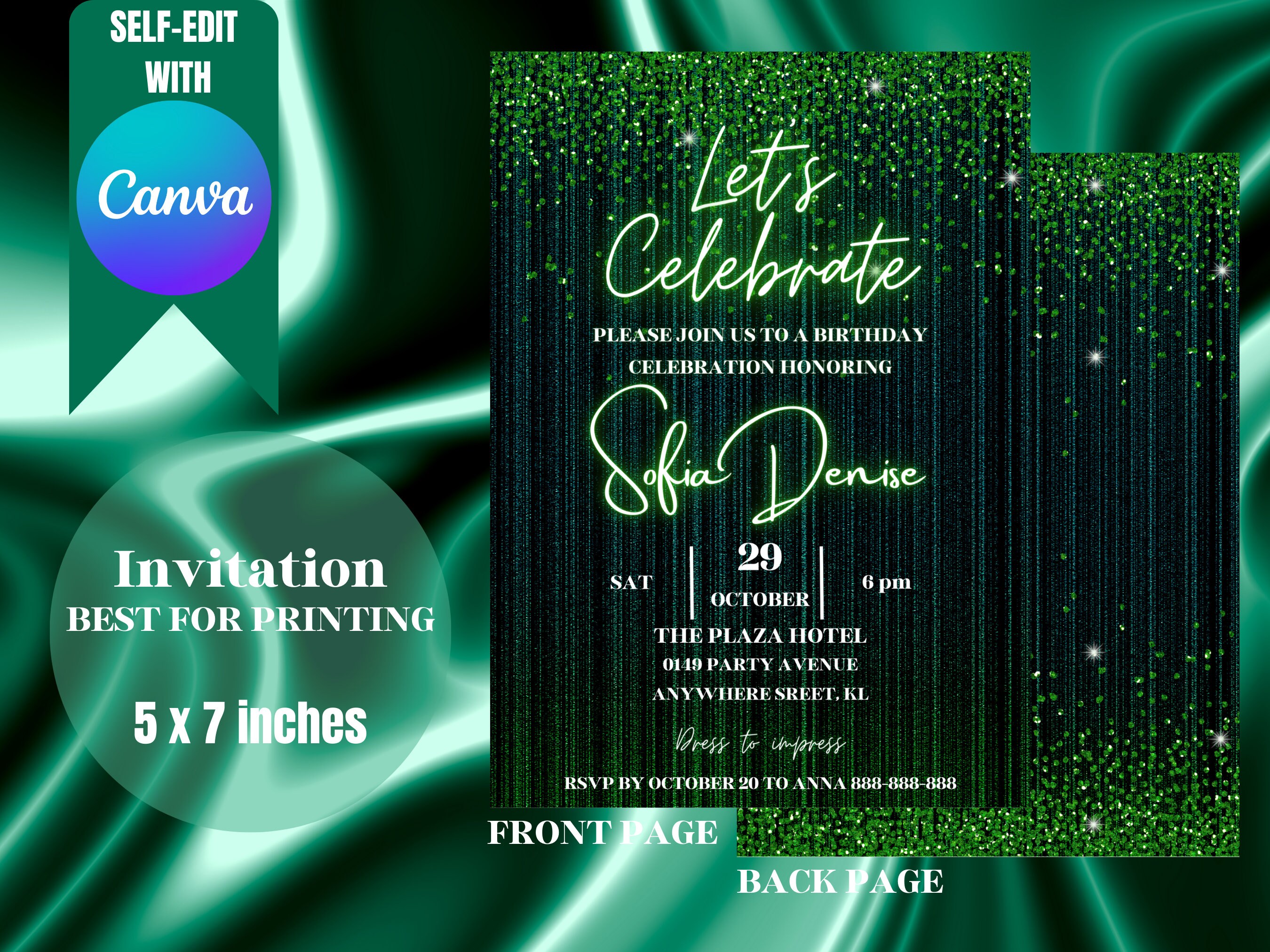 Editable Elegant Green Glitter Birthday Invitation Template | Green ...