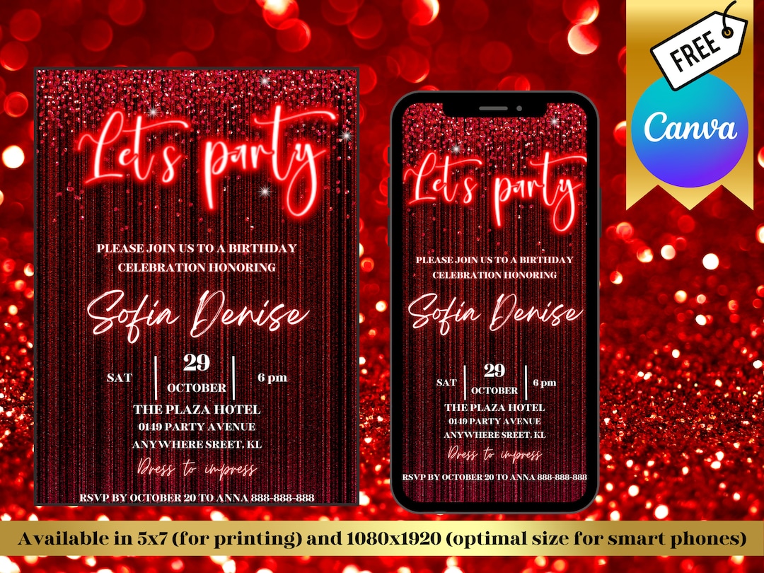 Editable Elegant Shimmering Red Theme Birthday Invitation - Etsy
