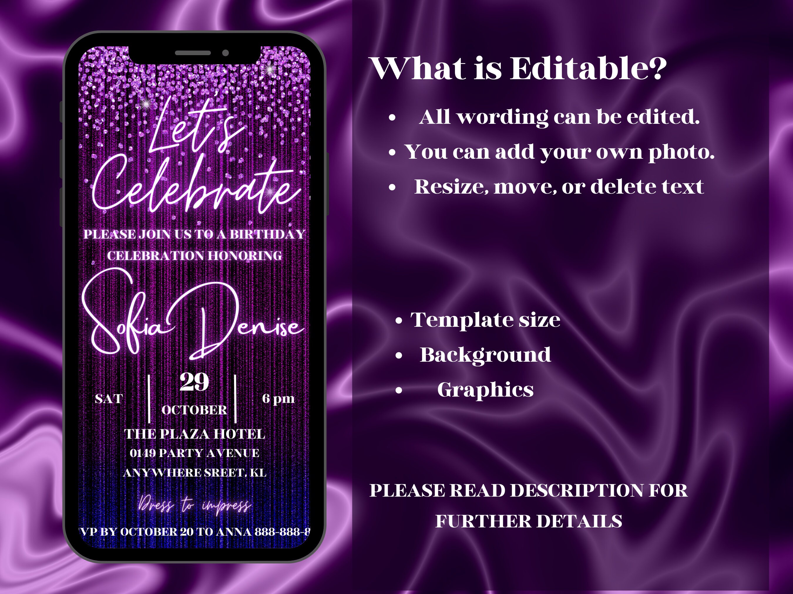 Editable Elegant Purple Glitter Birthday Invitation Template Purple ...
