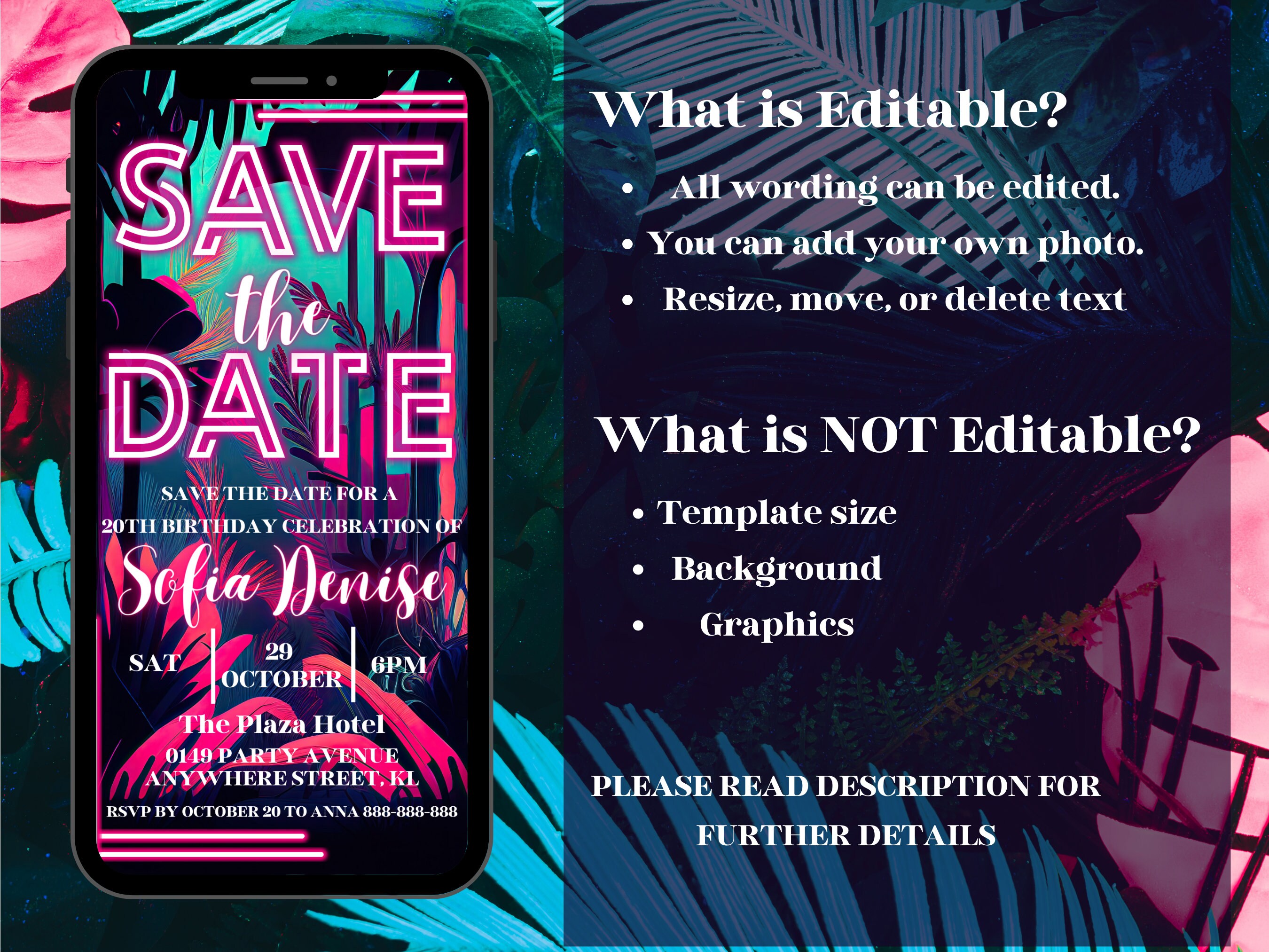 Editable Neon Save the Date Birthday Invitation Template | Save the ...