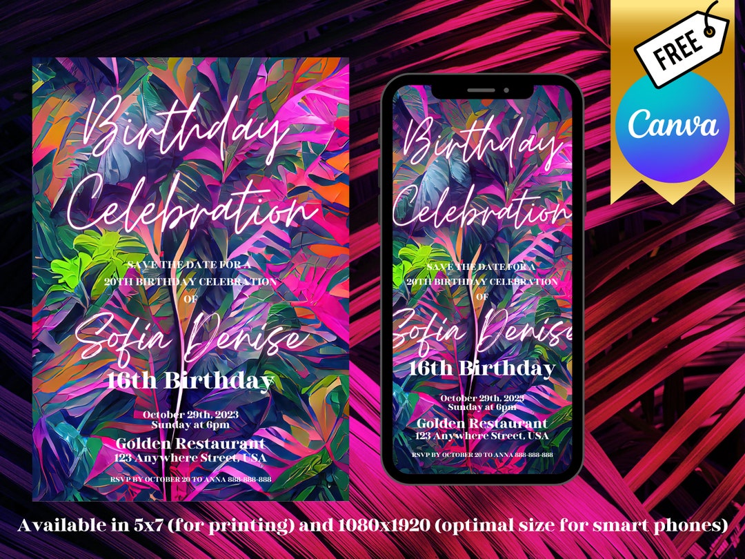Editable Tropical Pink Birthday Invitation Template | Pink Tropical ...
