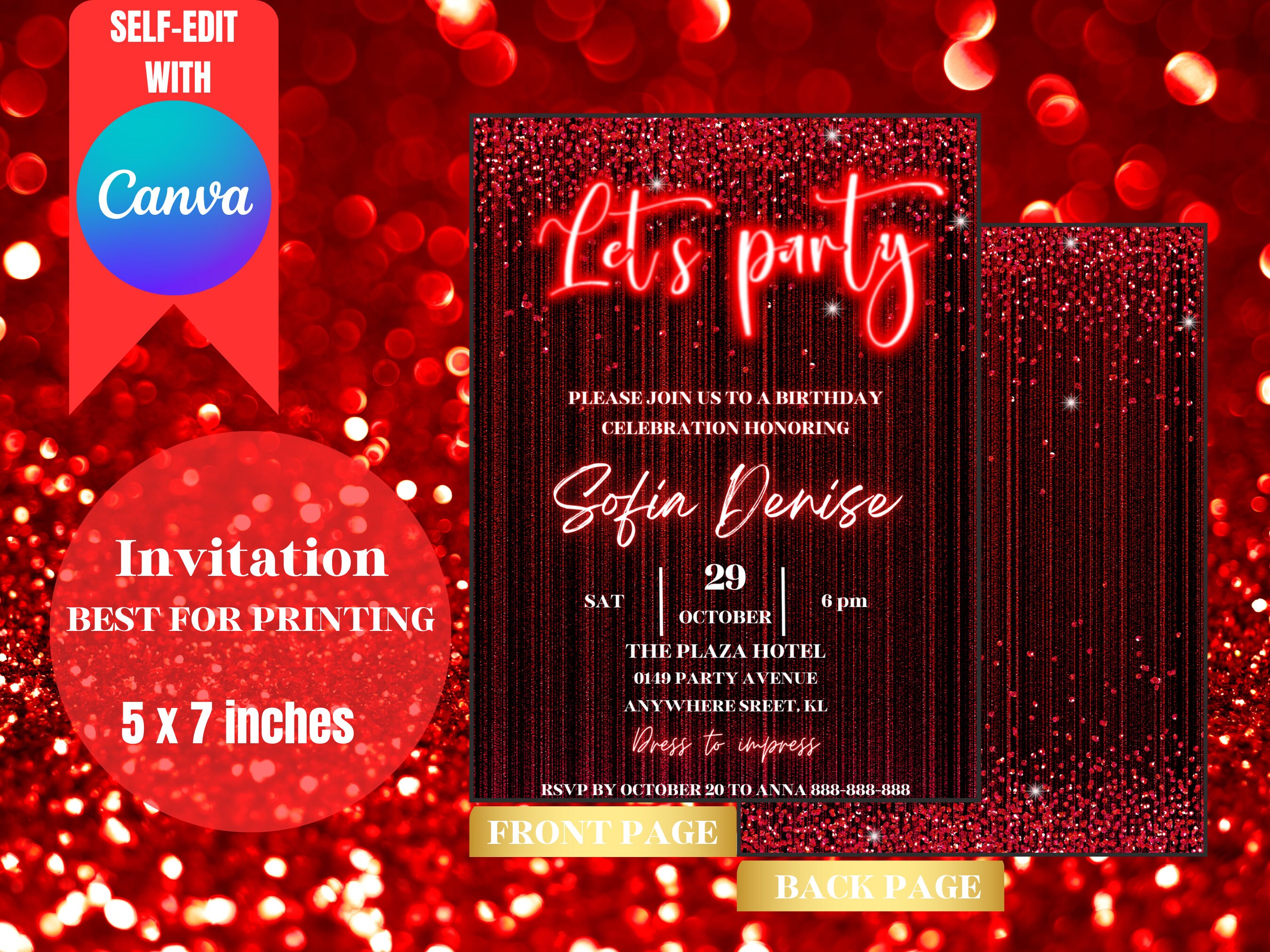 Editable Elegant Shimmering Red Theme Birthday Invitation Template ...