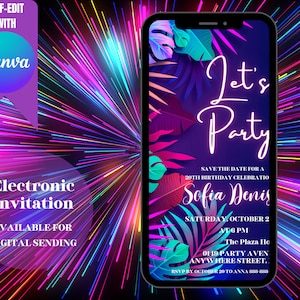 Editable Neon Tropical Birthday Invitation Template | Tropical Neon ...