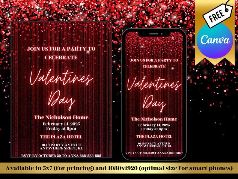 Editable Glittery Red Party Invitation Template | Valentines Party ...