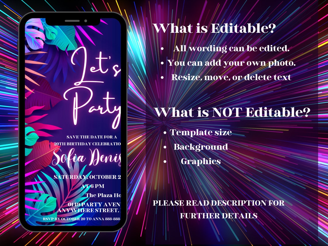 Editable Neon Tropical Birthday Invitation Template | Tropical Neon ...