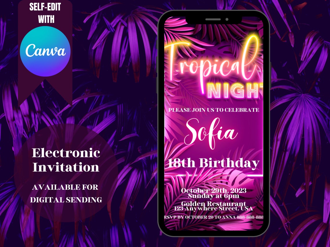 Editable Elegant Tropical Neon Birthday Invitation Template Purple Neon ...