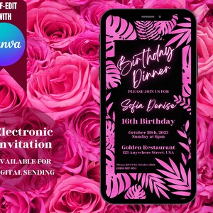 Tropical Birthday Invitation Template | Pink Palm Leaves (editable ...