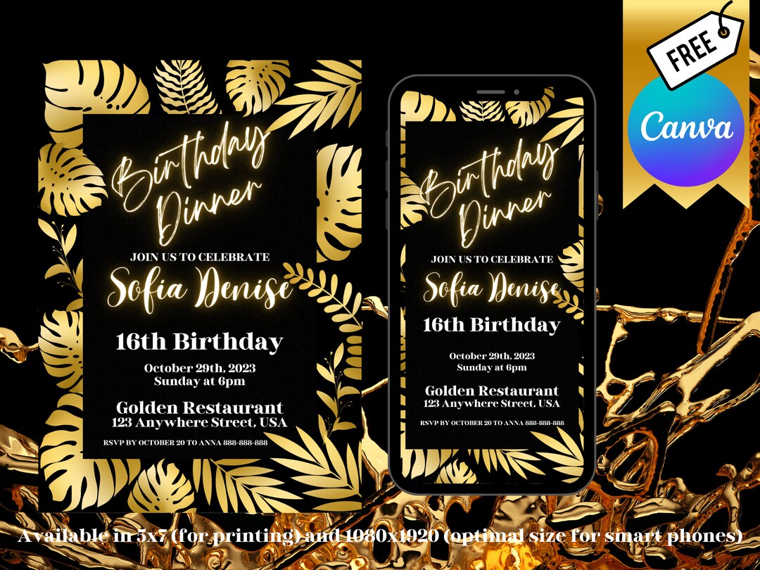 Editable Gold Tropical Birthday Dinner Invitation Template | Tropical ...