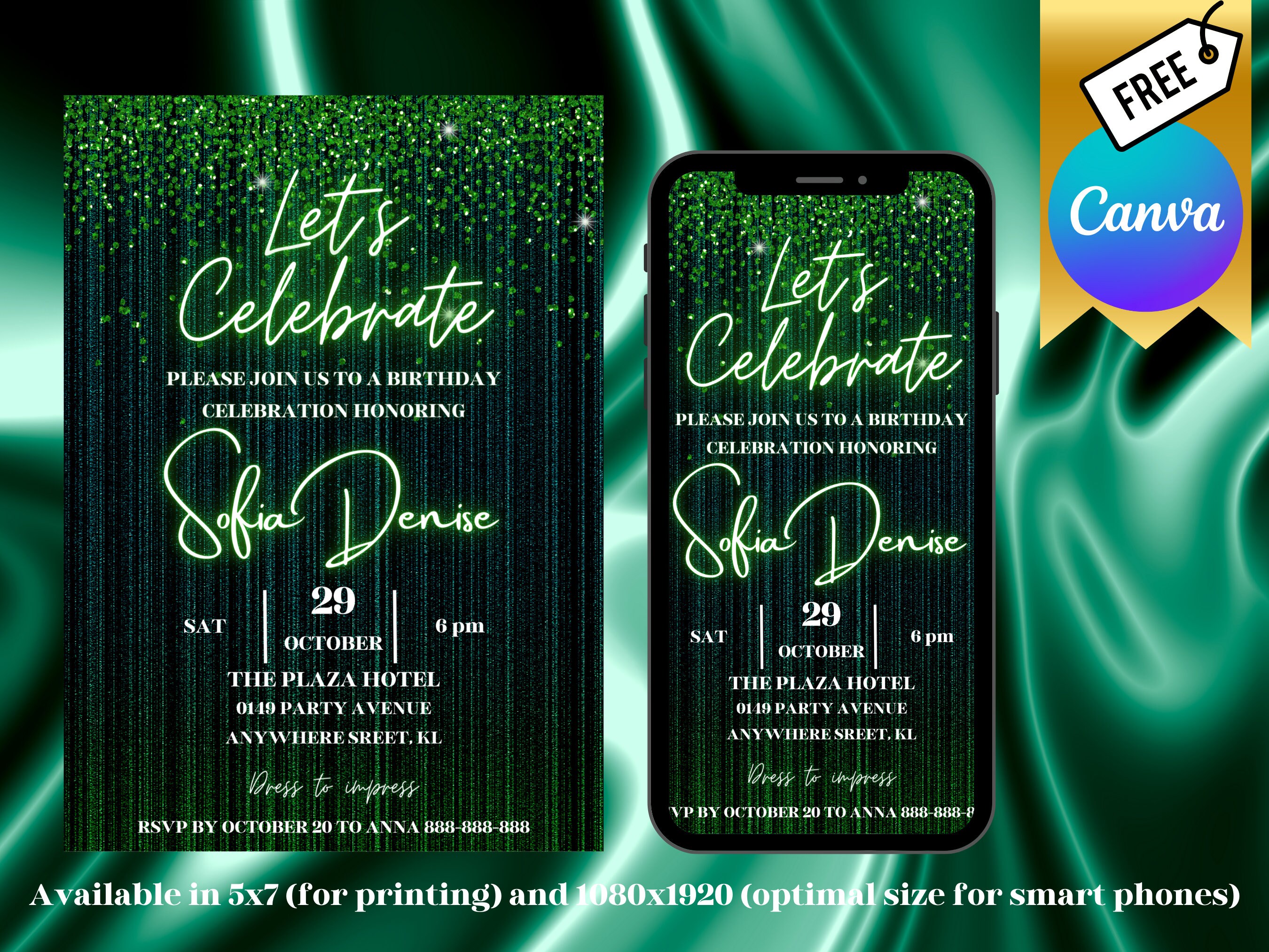 Editable Elegant Green Glitter Birthday Invitation Template | Green ...