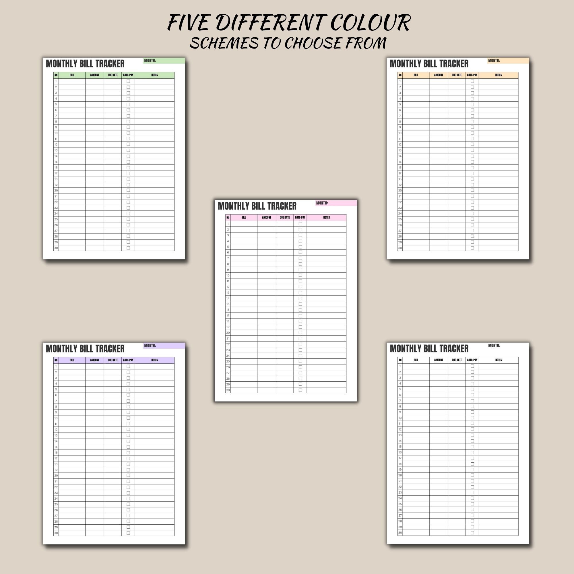 Monthly Bill Tracker Printable Colourful Bill Payment Tracker Payment ...