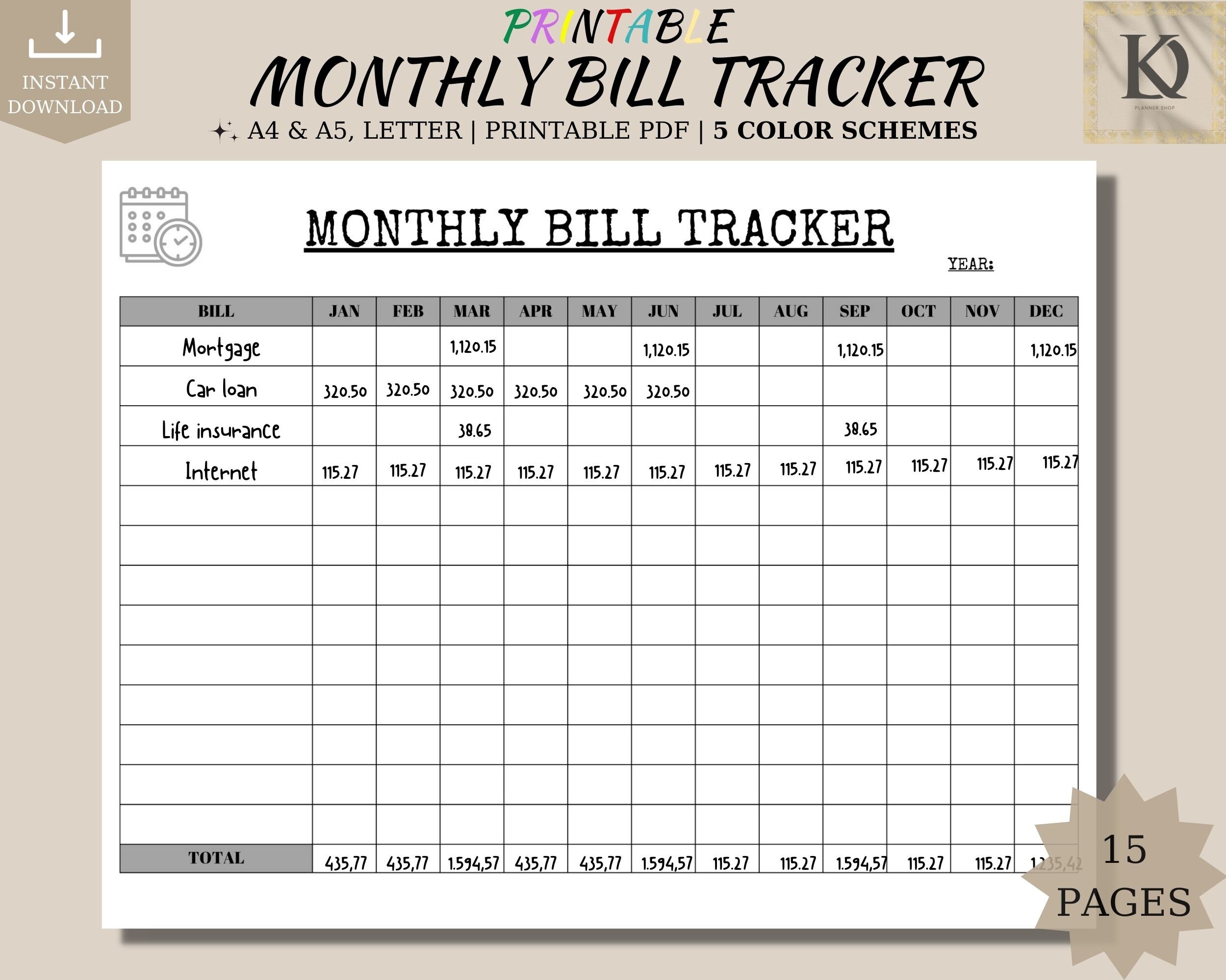 Monthly Bill Tracker Printable Colourful Payment Tracker Bill Payments ...